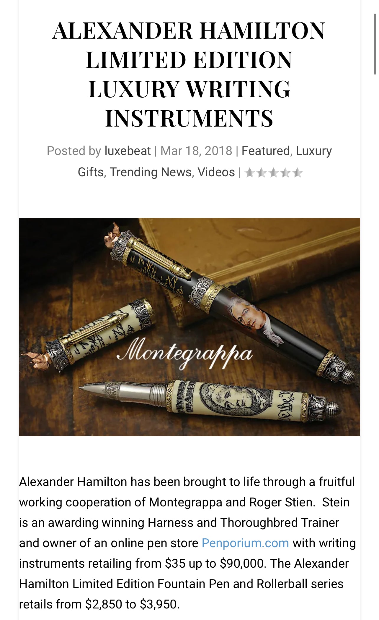 Montegrappa Alexander Hamilton Pen - Limited Edition Rollerball – The ...